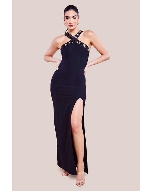 Goddiva Ribbed Criss Cross Halter Neck Maxi Dress With Thigh Split in ...