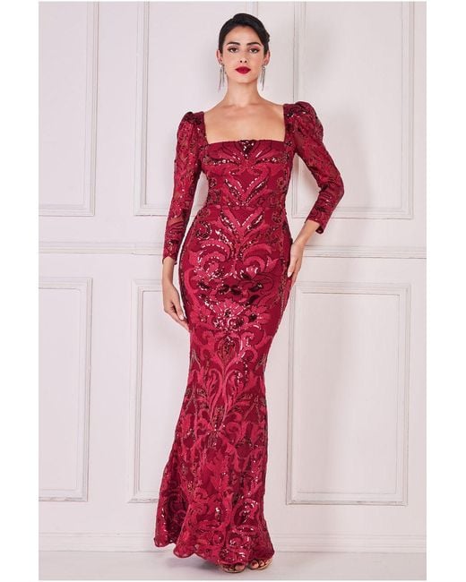 Goddiva Square Neck Scalloped Lace Maxi In Red Lyst