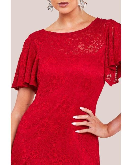 Goddiva Flutter Sleeve Lace A-Line Midi Dress in Red | Lyst