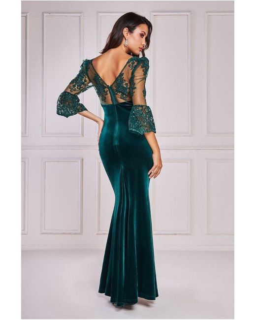 Goddiva Scalloped Lace & Velvet Maxi Dress in Green | Lyst