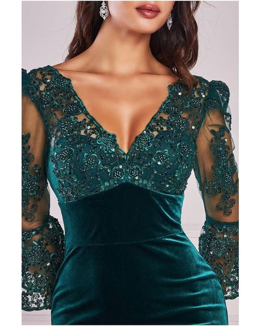 Goddiva Scalloped Lace & Velvet Maxi Dress in Green | Lyst