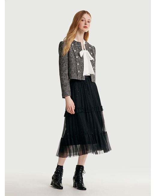 GOELIA Tweed Double-Breasted Crop Jacket in Black | Lyst