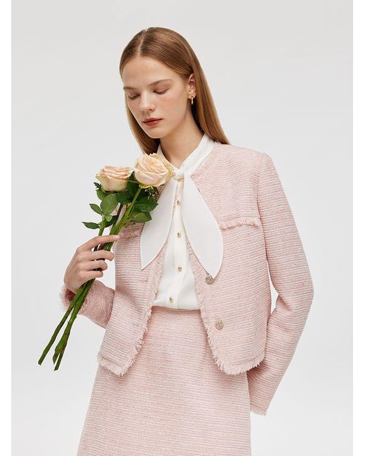 GOELIA Tweed Collarless Crop Jacket in White | Lyst