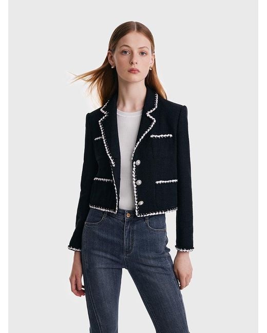 GOELIA Tweed Contrast Trim Crop Jacket in Blue | Lyst