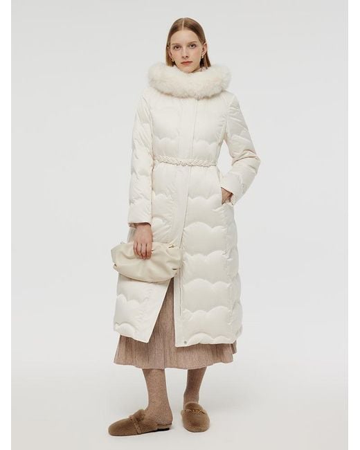 GOELIA Belted Long Goose Down Coat With Detachable Faux Fur Hood in ...