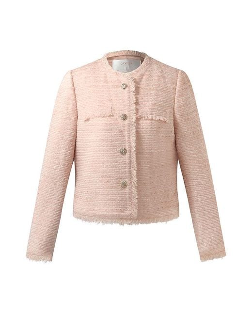 GOELIA Tweed Collarless Crop Jacket in White | Lyst