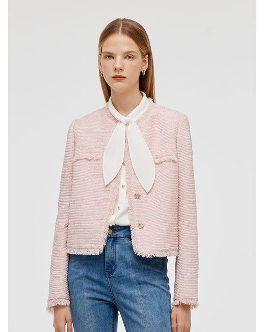 GOELIA Tweed Collarless Crop Jacket in White | Lyst