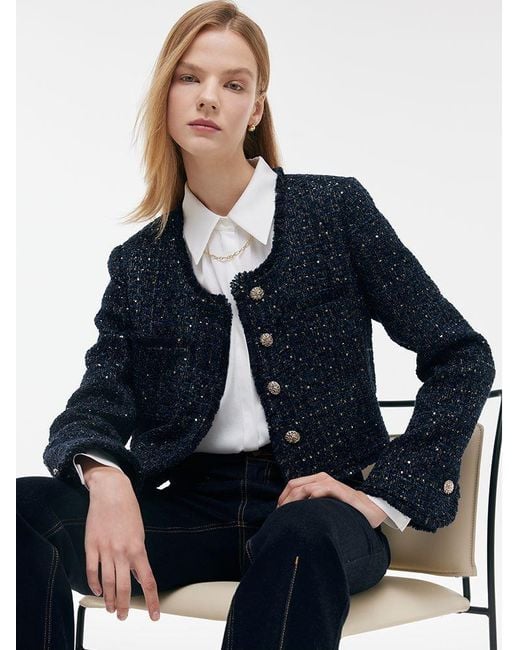 GOELIA Wool Blend Tweed Square Neck Crop Jacket in Blue | Lyst