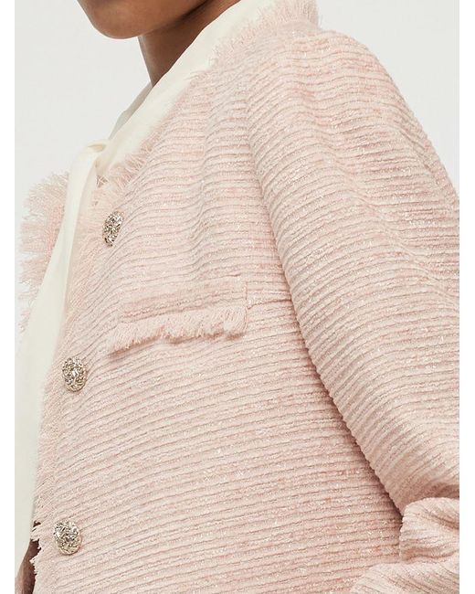 GOELIA Tweed Collarless Crop Jacket in White | Lyst