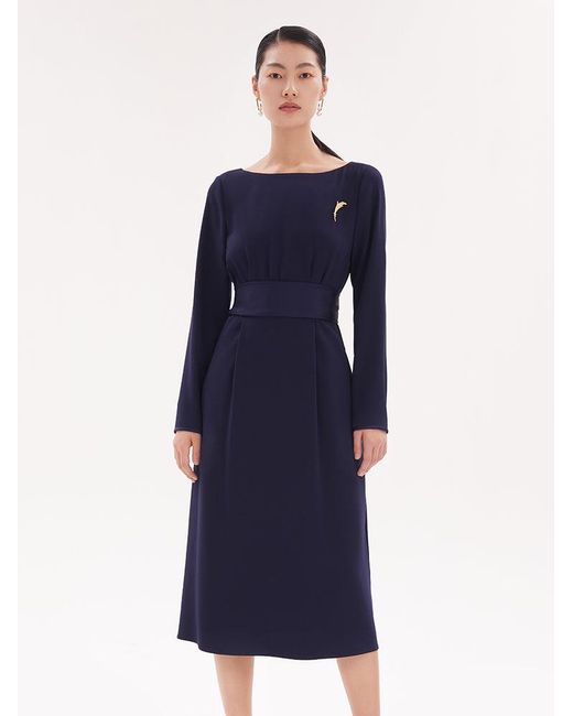 GOELIA Triacetate Slim Midi Dress With Brooch in Blue | Lyst