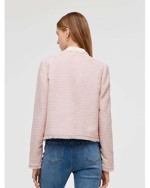 GOELIA Tweed Collarless Crop Jacket in White | Lyst