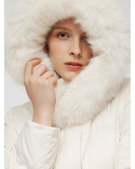 GOELIA Belted Long Goose Down Coat With Detachable Faux Fur Hood in ...