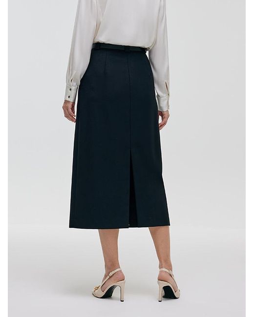 GOELIA Worsted Wool Column Skirt With Leather Belt in Blue | Lyst