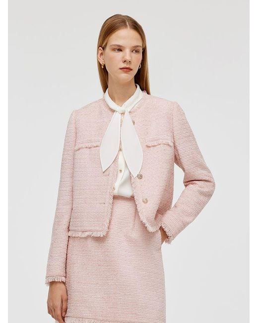 GOELIA Tweed Collarless Crop Jacket in White | Lyst