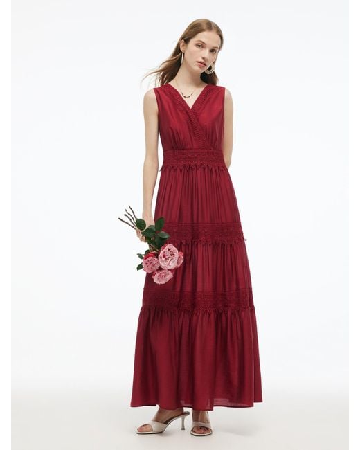 GOELIA Tencel Lace Trim Maxi Vest Dress in Red | Lyst