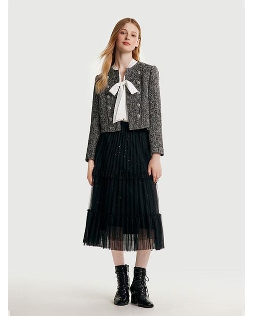 GOELIA Tweed Double-Breasted Crop Jacket in Black | Lyst