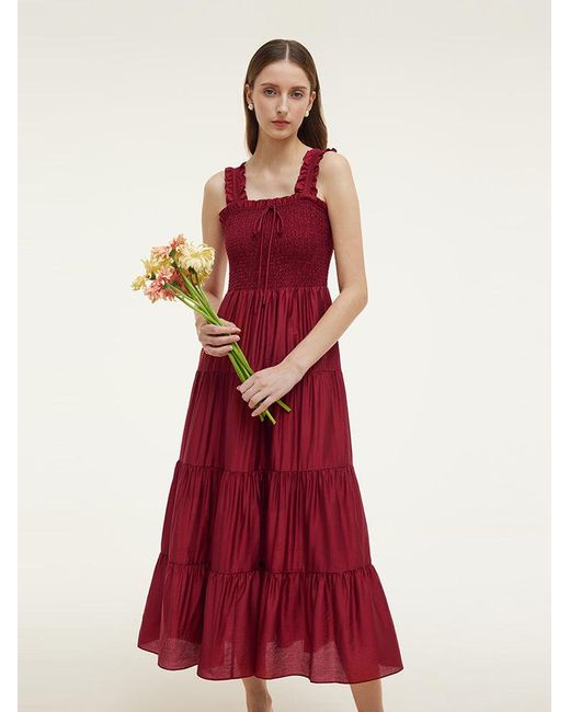 GOELIA Tencel Ruffle Strap Maxi Dress in Red | Lyst