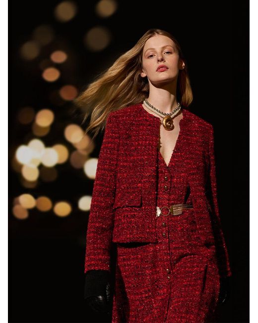 GOELIA Wool Blend Tweed Crop Jacket in Red | Lyst