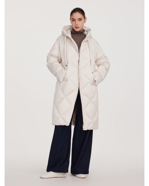 GOELIA Diamond Quilted Hooded Zip-Up Long Goose Down Coat in Natural | Lyst