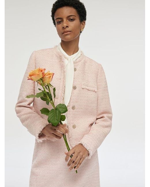 GOELIA Tweed Collarless Crop Jacket in White | Lyst