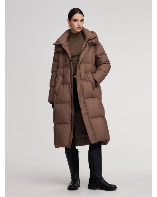GOELIA Lightweight Hooded Long Goose Down Coat in Brown | Lyst