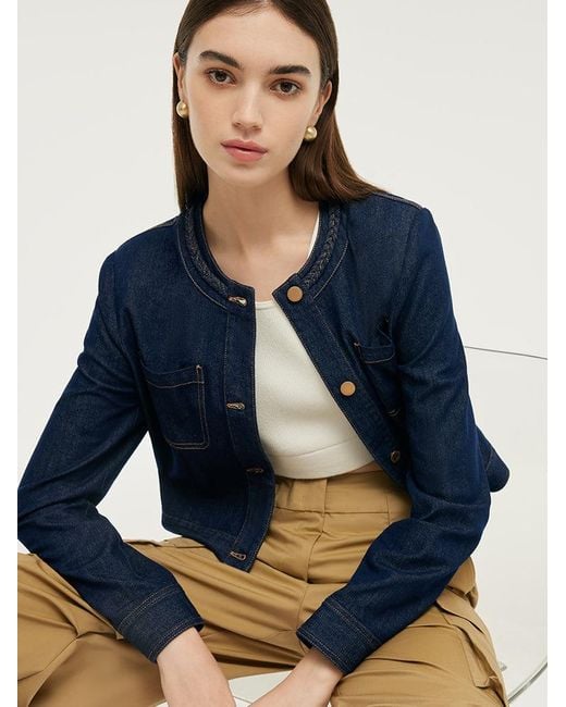 GOELIA Round Neck Crop Denim Jacket in Blue | Lyst