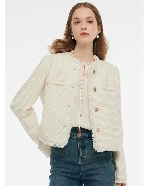 GOELIA Tweed Collarless Crop Jacket in White | Lyst