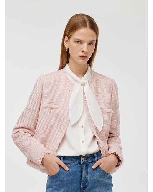 GOELIA Tweed Collarless Crop Jacket in White | Lyst