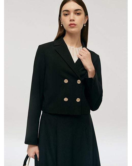 GOELIA Worsted Woolen Crop Blazer With Detachable Sleeve in Black | Lyst