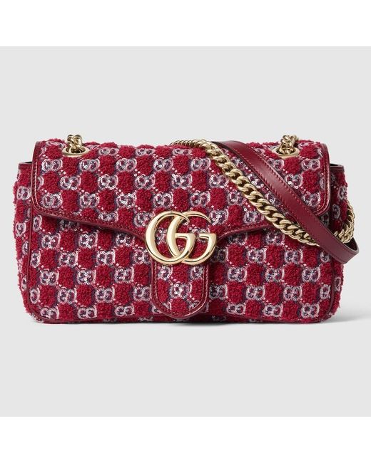 Gucci Bouclé Tweed Small Shoulder Chain Bag in Red | Lyst