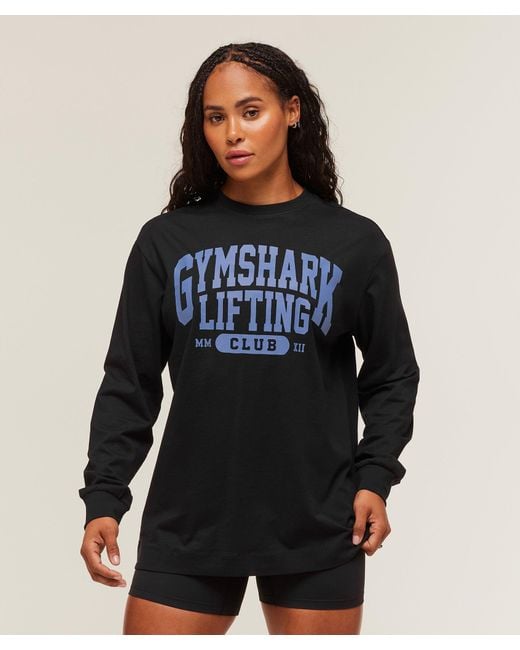 GYMSHARK Lifting Club Graphic Oversized Long Sleeve T-Shirt in Blue ...