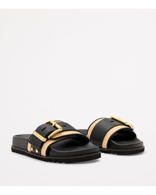AllSaints Leather-Raffia Ellie Slides in Black | Lyst
