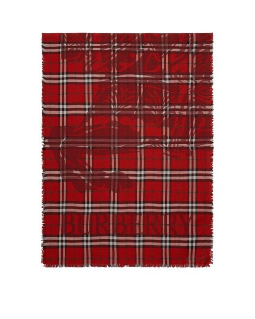Burberry Wool-Silk Wide Ekd Check Scarf in Red | Lyst UK