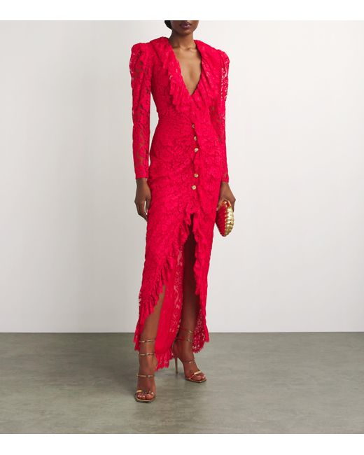 Alessandra Rich Lace Ruffle Maxi Dress in Red | Lyst