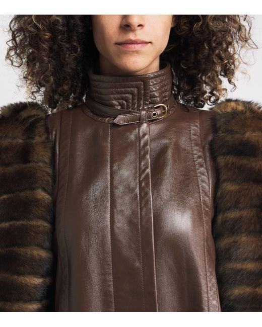 Chloé Leather Fur-Trim Coat in Brown | Lyst UK