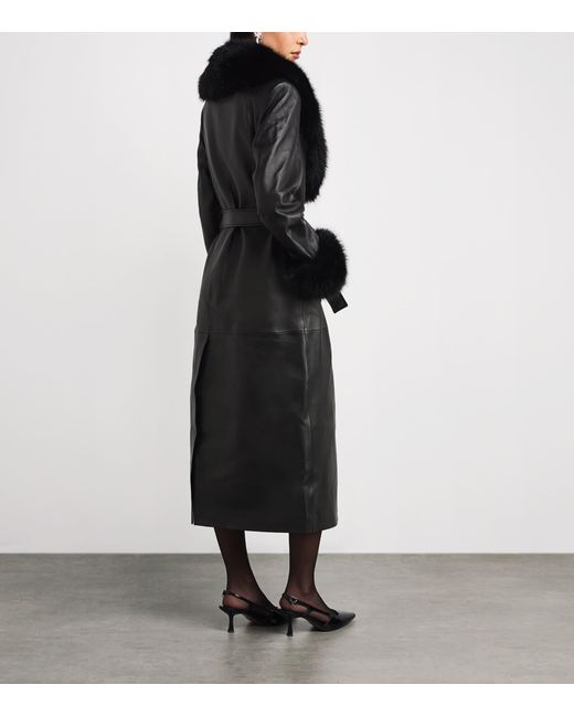 Self-Portrait Leather Faux Fur-Trim Coat in Black | Lyst