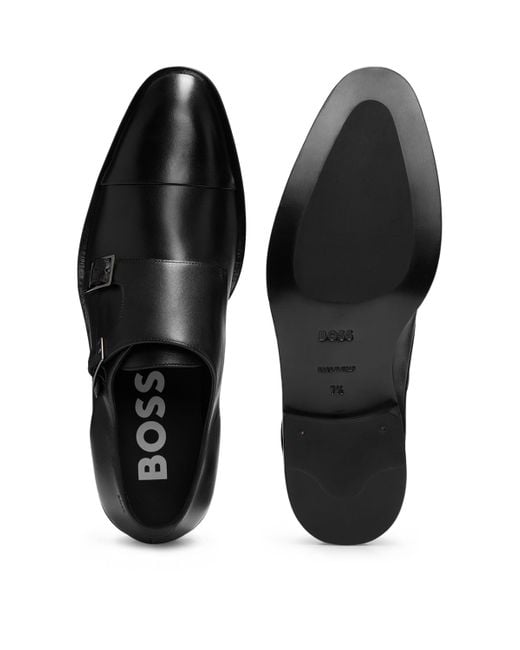 BOSS Leather Derek Monkstrap Shoes in Black for Men | Lyst