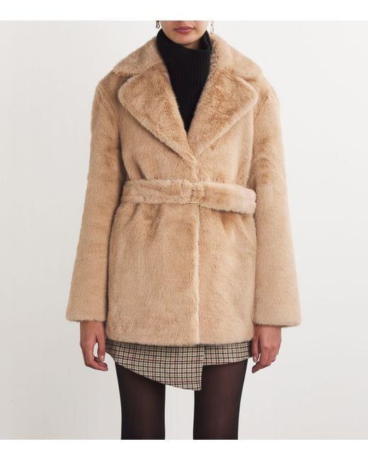 Maje Faux Fur Belted Coat in Natural | Lyst