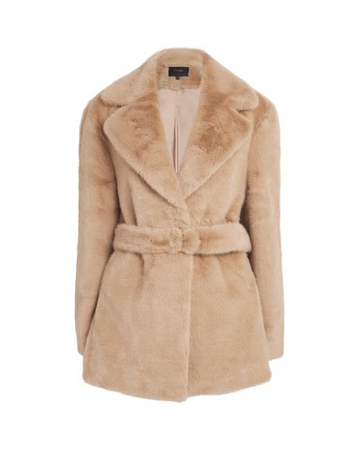 Maje Faux Fur Belted Coat in Natural | Lyst