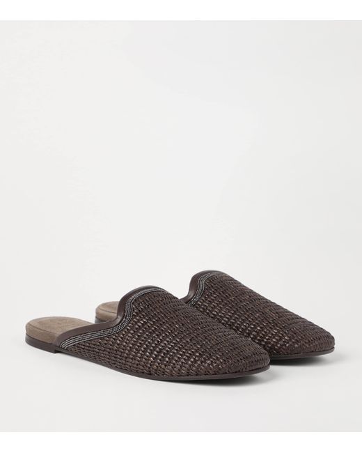 Brunello Cucinelli Techno-Raffia Embellished Slides in Brown | Lyst