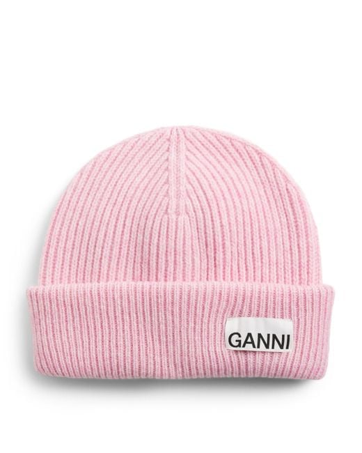 Ganni Wool-Blend Light Structured Rib-Knit Beanie in Pink | Lyst UK