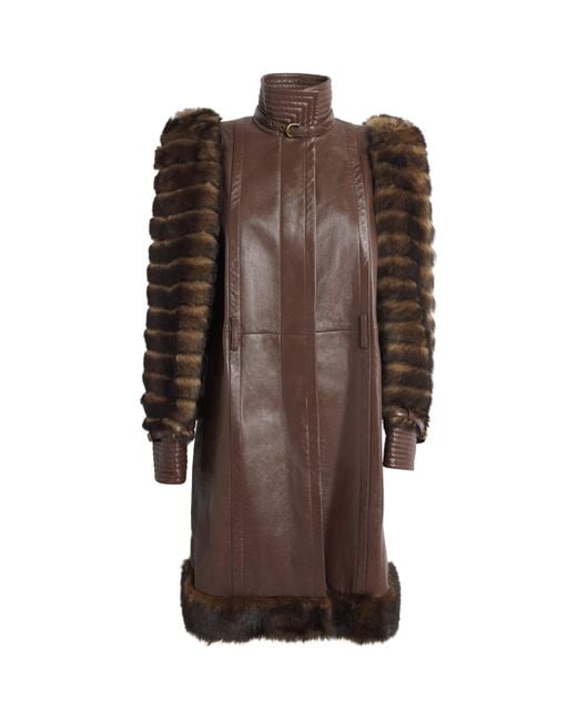 Chloé Leather Fur-Trim Coat in Brown | Lyst UK