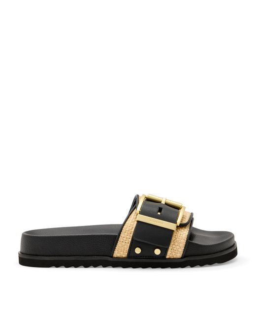 AllSaints Leather-Raffia Ellie Slides in Black | Lyst
