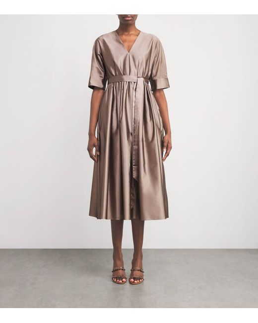 Max Mara Satin Belted Midi Dress in Brown | Lyst