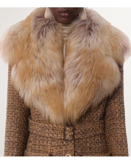Valentino Garavani Faux Fur-Trim Tweed Coat in Brown | Lyst