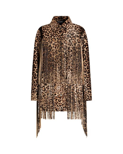 Dolce & Gabbana Leopard Print Fringe Leather Jacket in Brown | Lyst