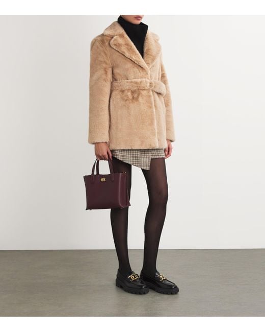 Maje Faux Fur Belted Coat in Natural | Lyst