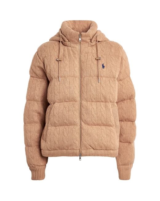Polo Ralph Lauren Wool-Cashmere Cable-Knit Puffer Jacket in Brown | Lyst UK