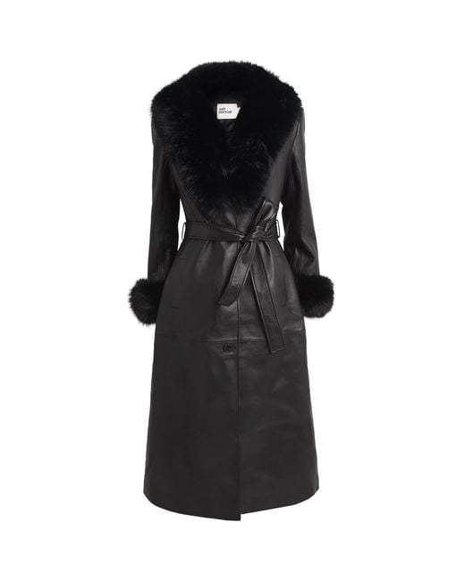 Self-Portrait Leather Faux Fur-Trim Coat in Black | Lyst