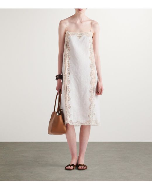 Prada Linen Lace-Trim Midi Dress in White | Lyst UK